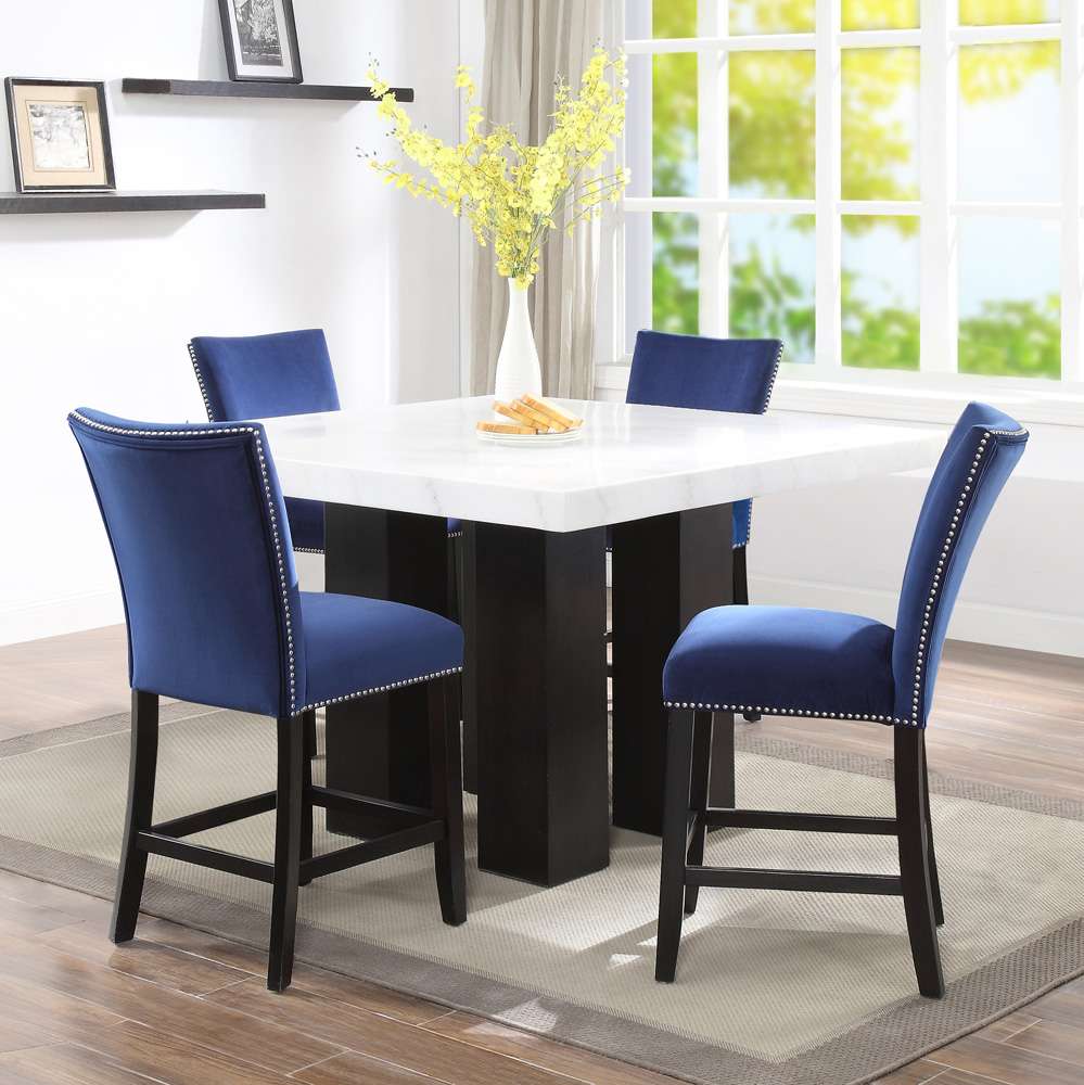 Steve Silver - Camila Square 5PC Counter Set Blue Chair - White Table ...