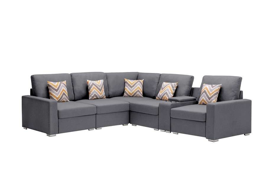 Lilola Home - Nolan Gray Linen Fabric 6Pc Reversible Sectional Sofa wi ...